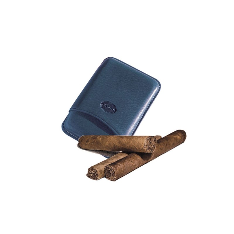 Smooth leather cigar case for 3 Tuscan cigars Blue color, Jemar